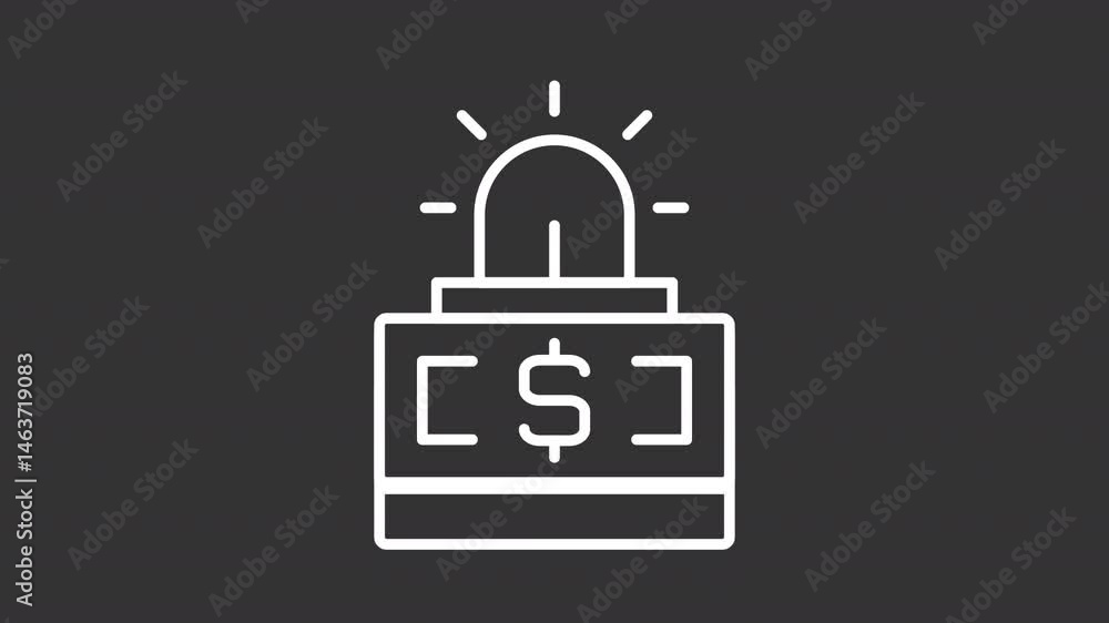 Emergency fund white line animation. Dollar bill with flashing lights ...