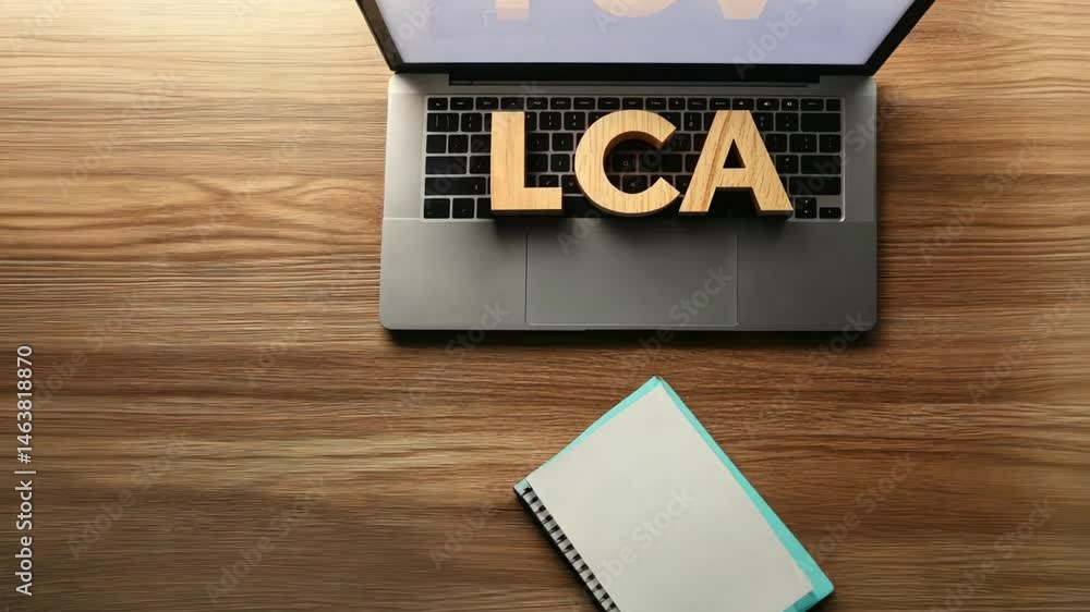 Wooden blocks with lca placed on open laptop, eco planning in digital ...