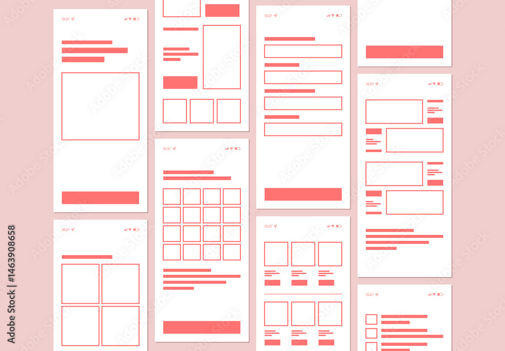 Red Mobile App Wireframe Template With Minimal UI Layout for ...