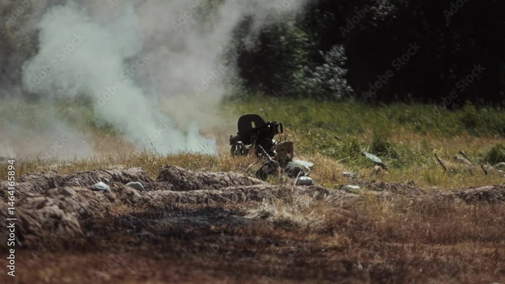 Artillery shell or grenade explosion near Soviet soldiers trench ...