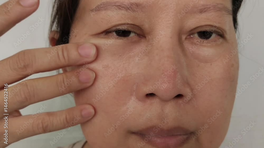 portrait the fingers holding the wrinkles and scar, Flabby skin and ...
