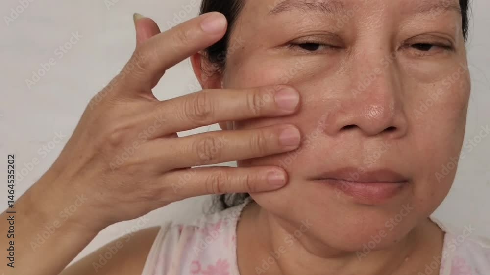 Portrait the fingers holding the flabby skin, swelling and ptosis under ...