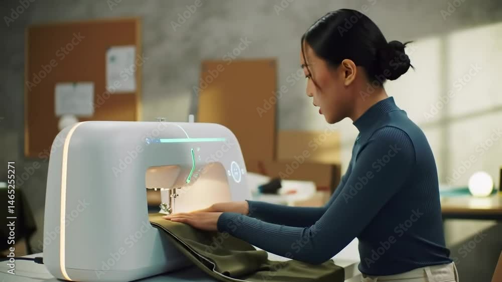 Student sews with AI-guided machine, cinematic orbit with glow cue and ...