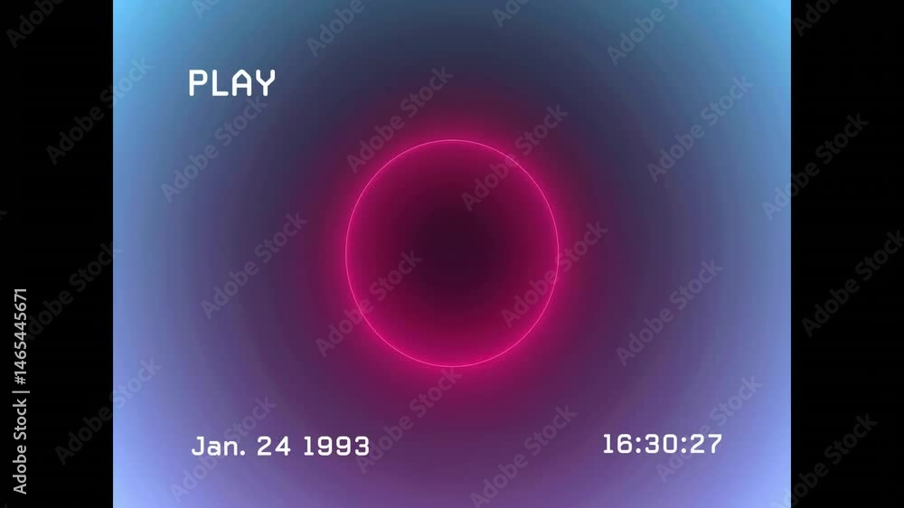 Neon blue glowing ring floating on retro VHS style gradient background ...