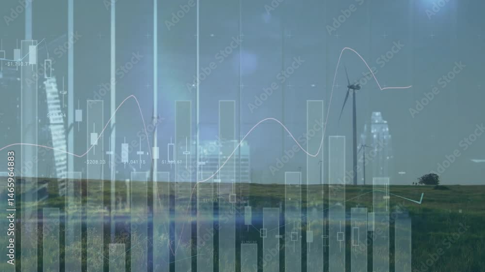 Wind turbines rising over grassy plains, overlaying animated ...