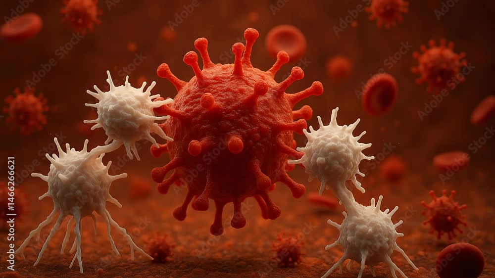 A cinematic 3D animation of white blood cells identifying and attacking ...