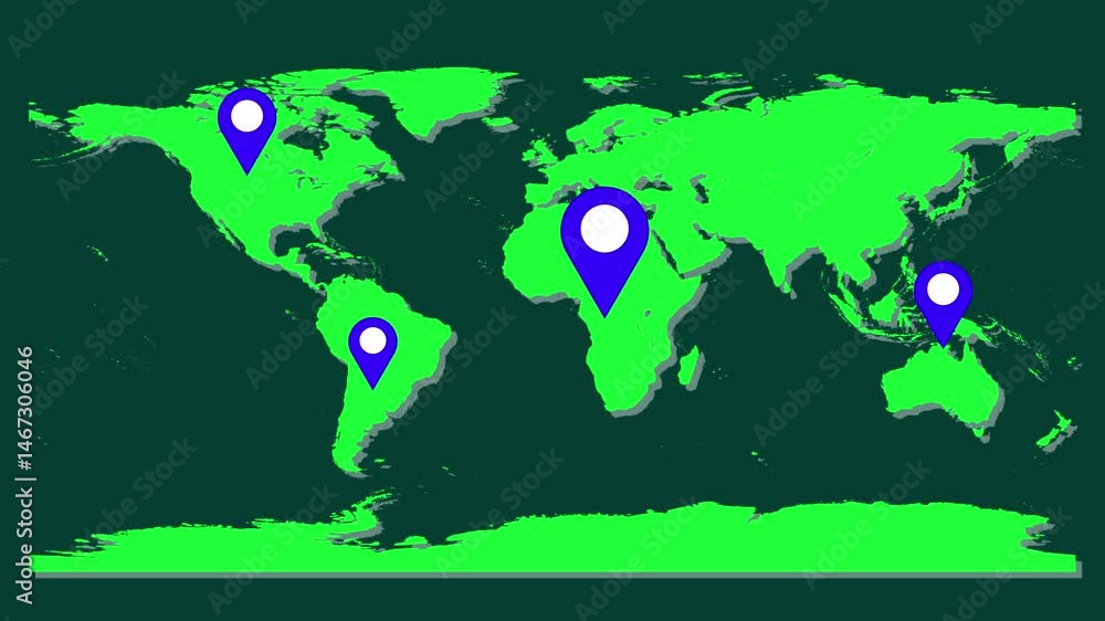 World map travel route location animation on green background, world ...