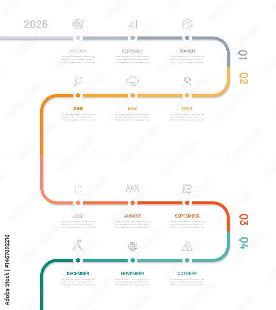 Poster A modern timeline consisting of 12 consecutive months, a chart ...