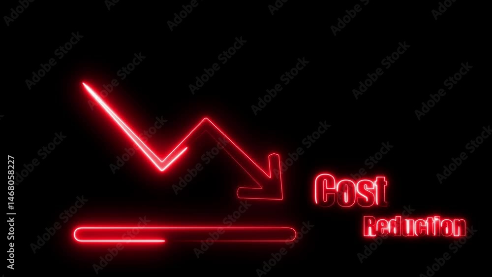 glowing neon arrow showing the cost reduction in black background ...