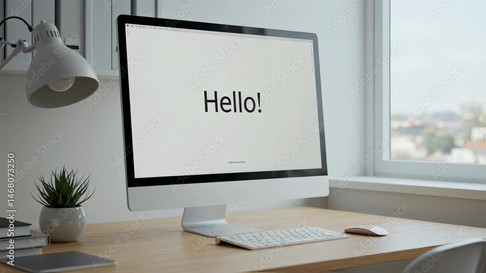 Desktop computer displays the word 'hello' on the screen. Office ...