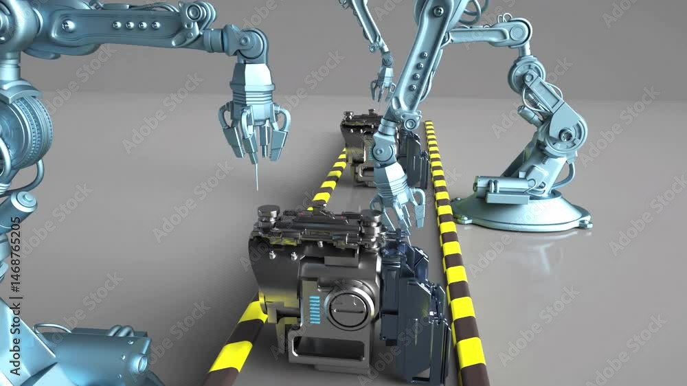 Automated Robot Arm Assembly Line Manufacturing High-Tech Green Energy ...