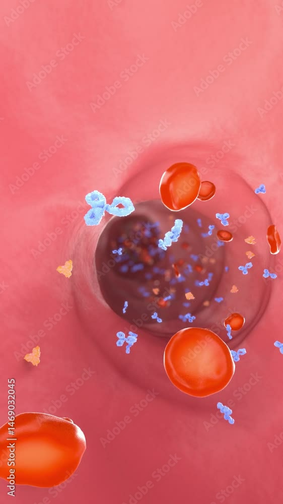 Blood vessel propulsion animation, antibodies travel through blood ...