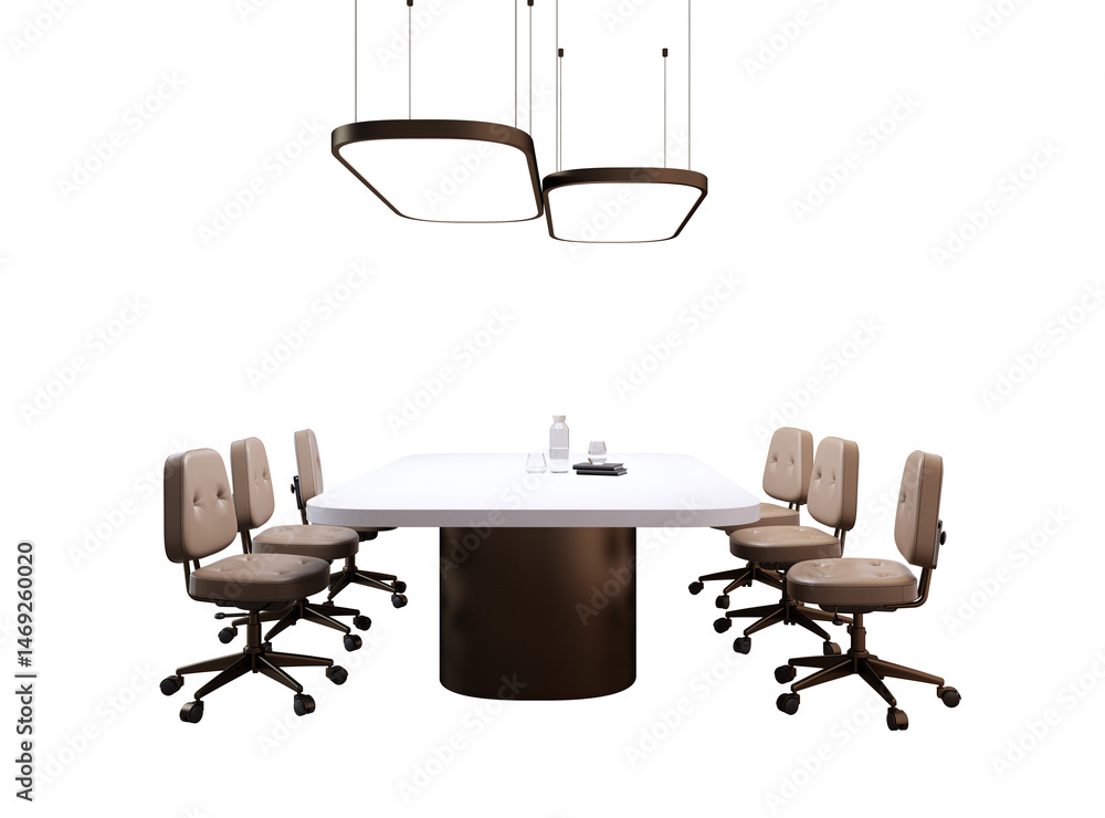 Poster Contemporary meeting room setup with white table, cushioned ...
