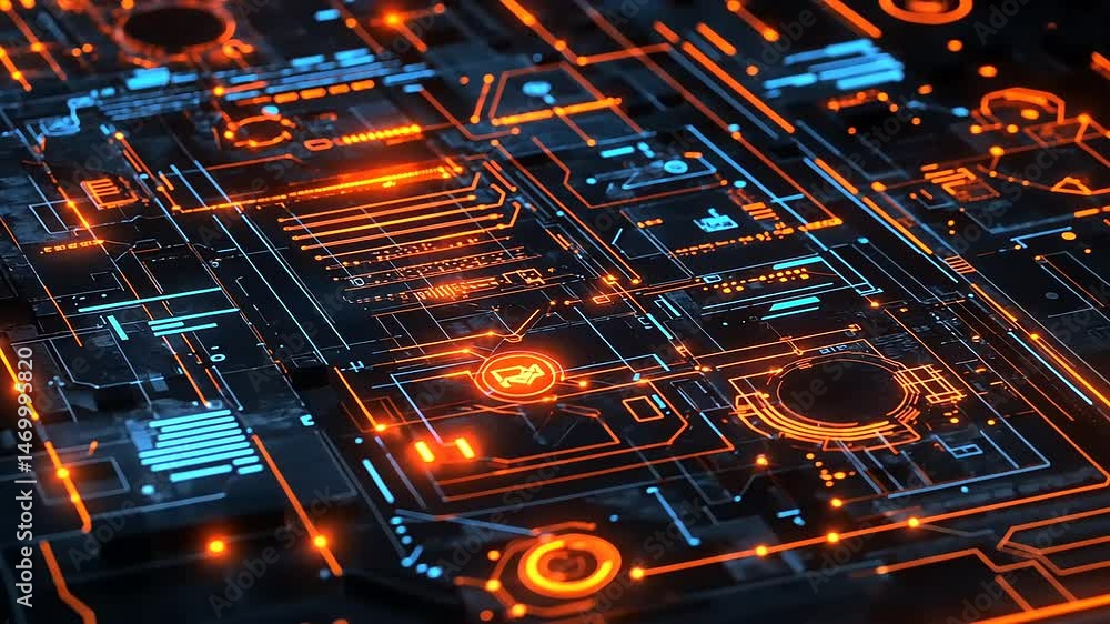 Complex network of glowing orange and blue lines and symbols on a dark ...