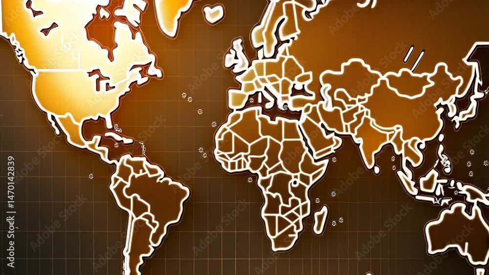 Digital world map animation showing continents with glowing outlines ...