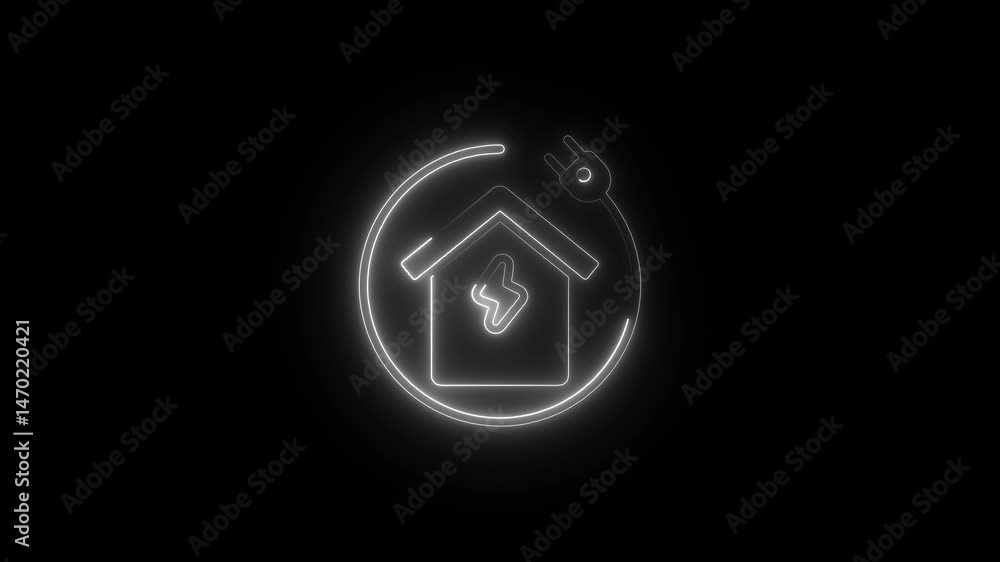 Neon home electrification animation icon.Flashing energy symbol. Power ...