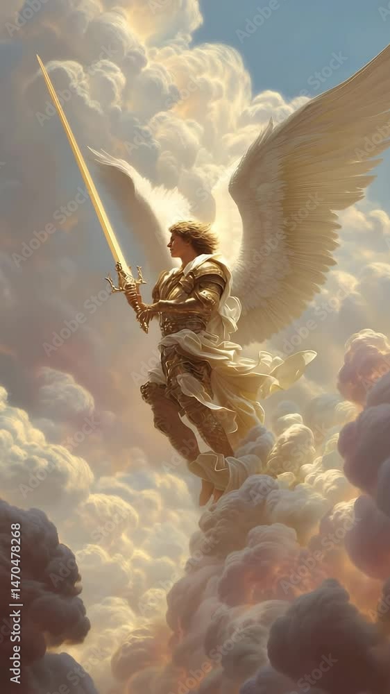 A majestic archangel, clad in golden armor and glowing with divine ...