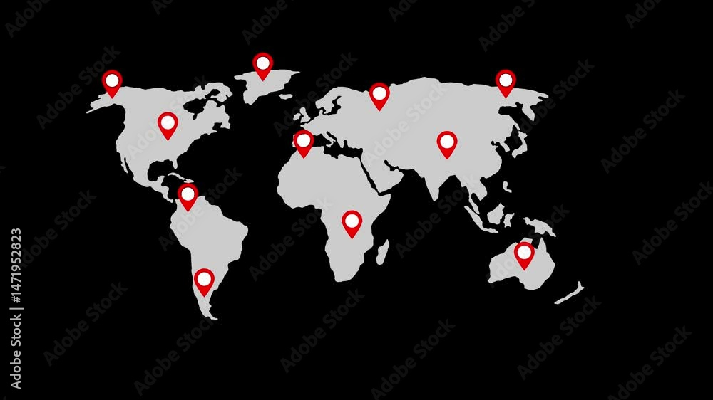 World map travel route location animation on dark background, world map ...