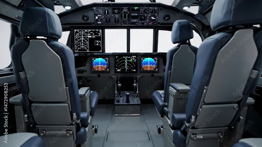 Modern aircraft cockpit with four pilot seats, digital flight displays ...