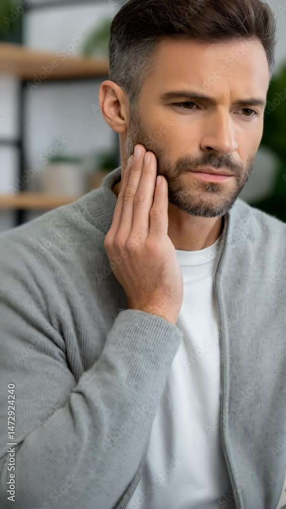 Man feeling pain in jaw touching face, possible toothache or ...
