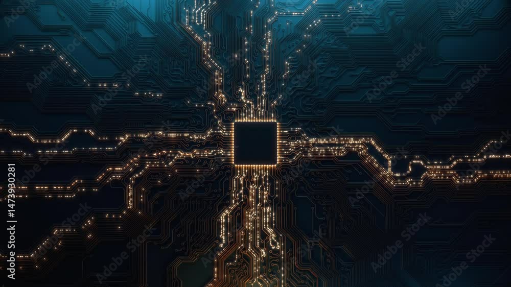Animated current flow on circuit board. Digital technology background ...