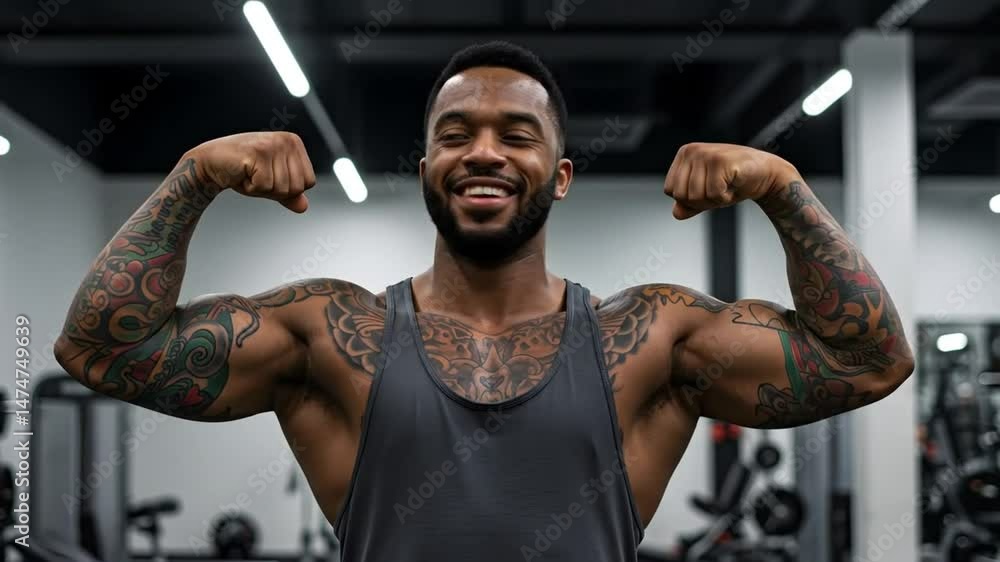 Muscular man flexing biceps at the gym showing off his tattoos and ...