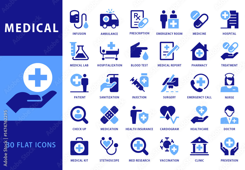 Collection of 30 Flat Style Blue Colored Vector Icons for Medical ...