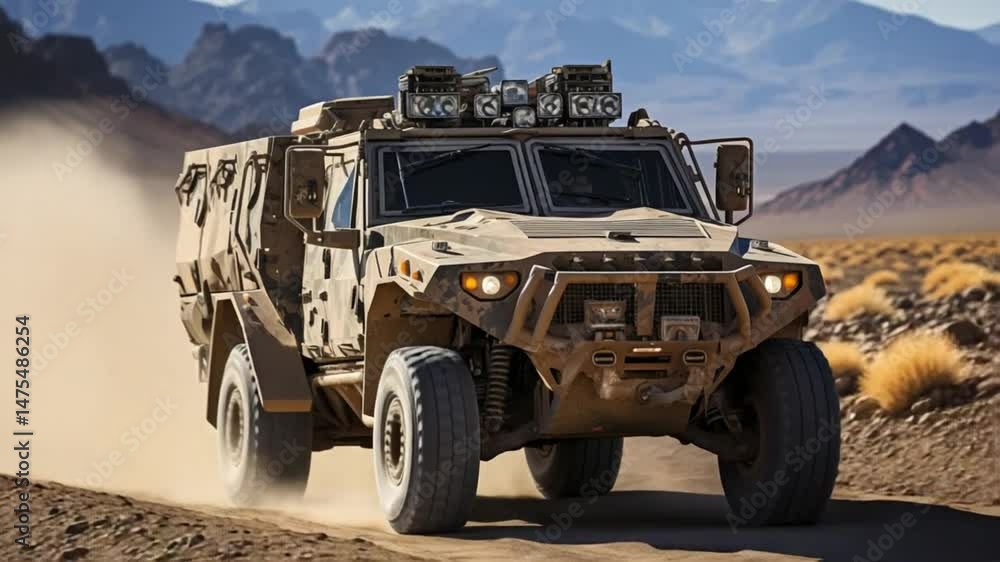 A robust military vehicle navigates the rocky terrain of a vast desert ...