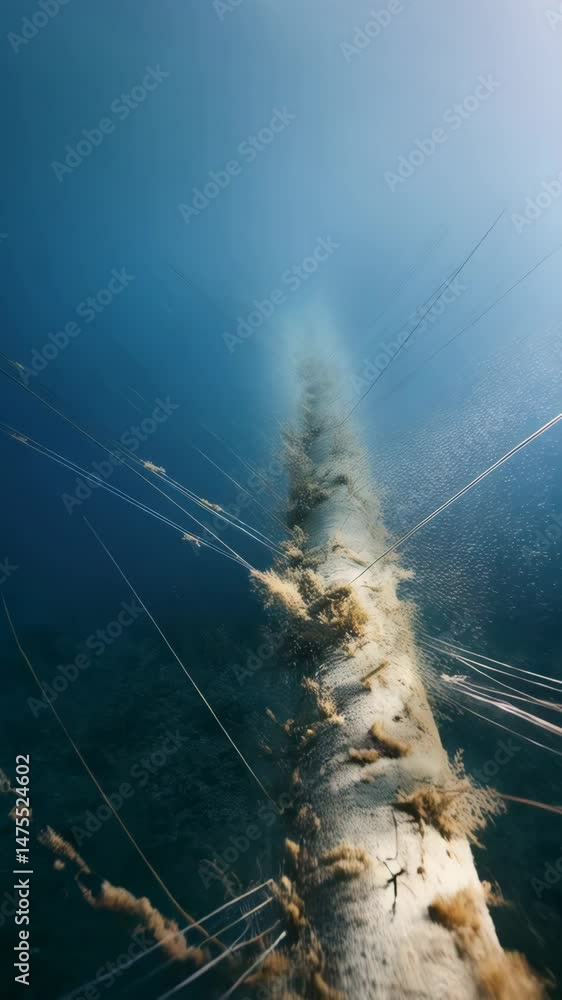 Underwater pipeline resting on ocean floor with attaching cable lines ...