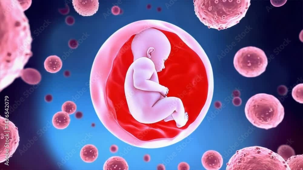 Baby in mother womb surrounded by red fluid and body cells, early life ...