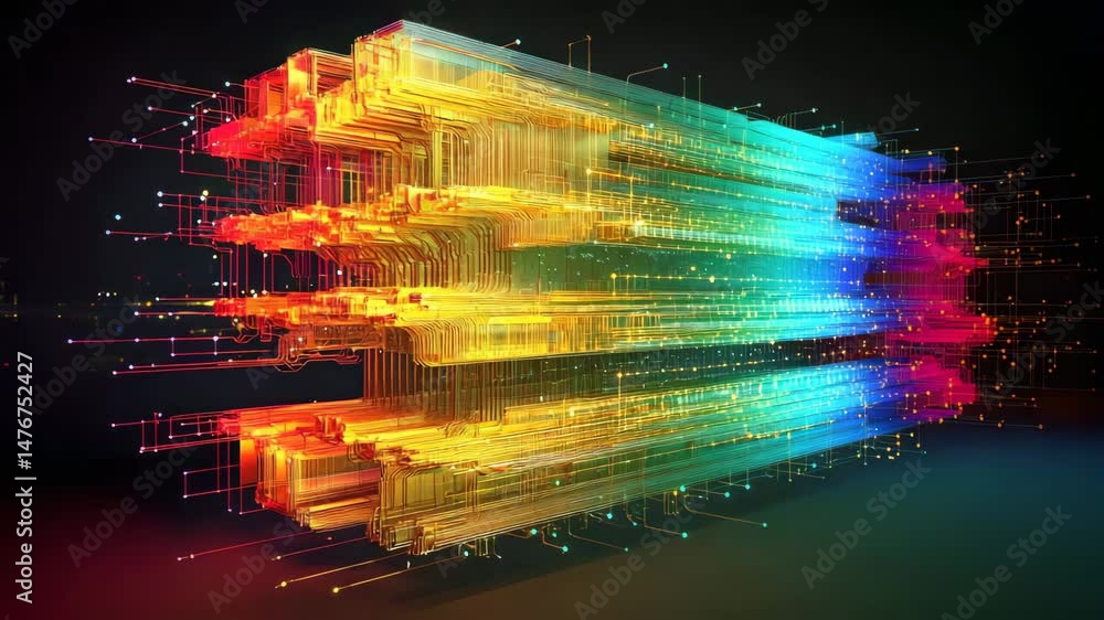 cyber data highway Digital data transfer visualization in glowing circuit layers, abstract high ...