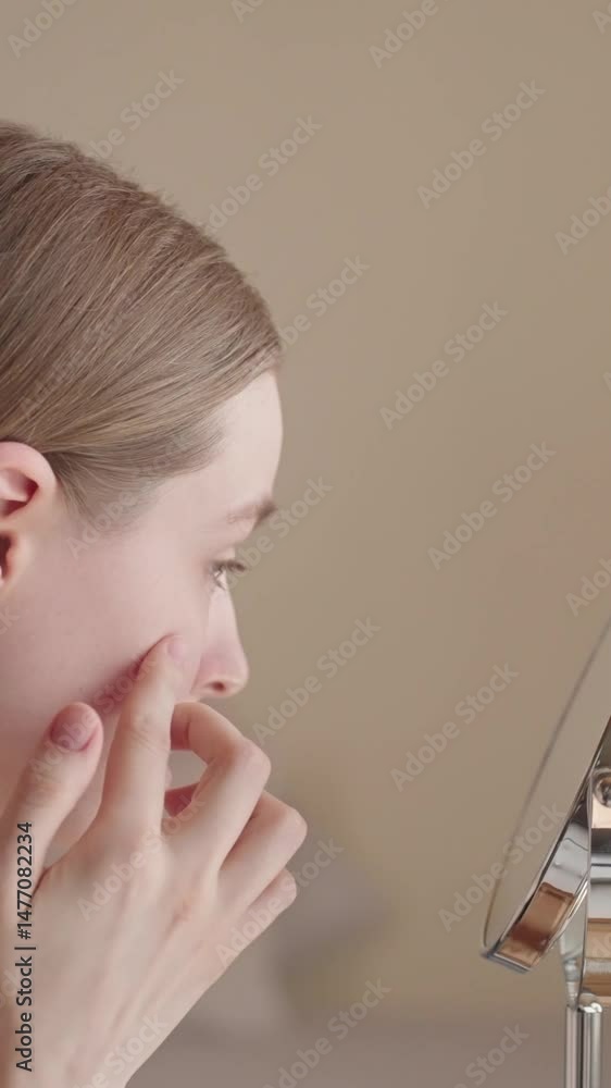 VERTICAL VIDEO: Young woman looks in the mirror, checking the condition ...