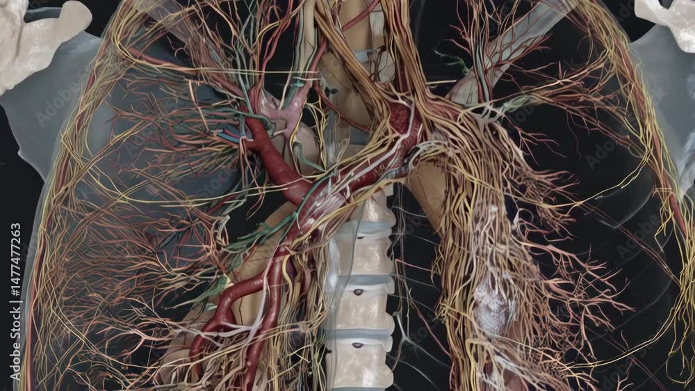 Human upper body anatomy showing circulatory system with arteries veins ...