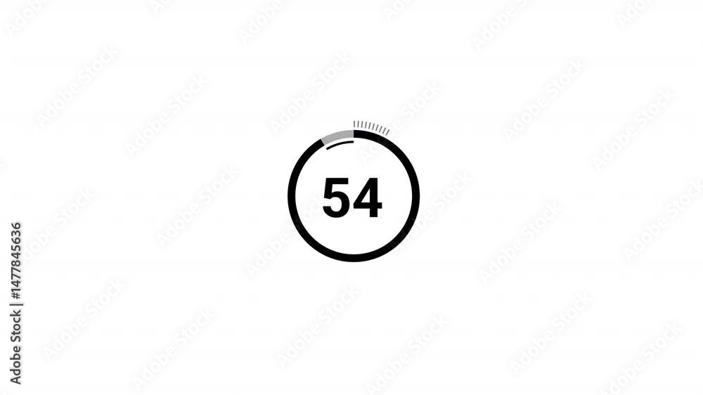 One minute countdown timer animation from 60 to 0 on a transparent ...