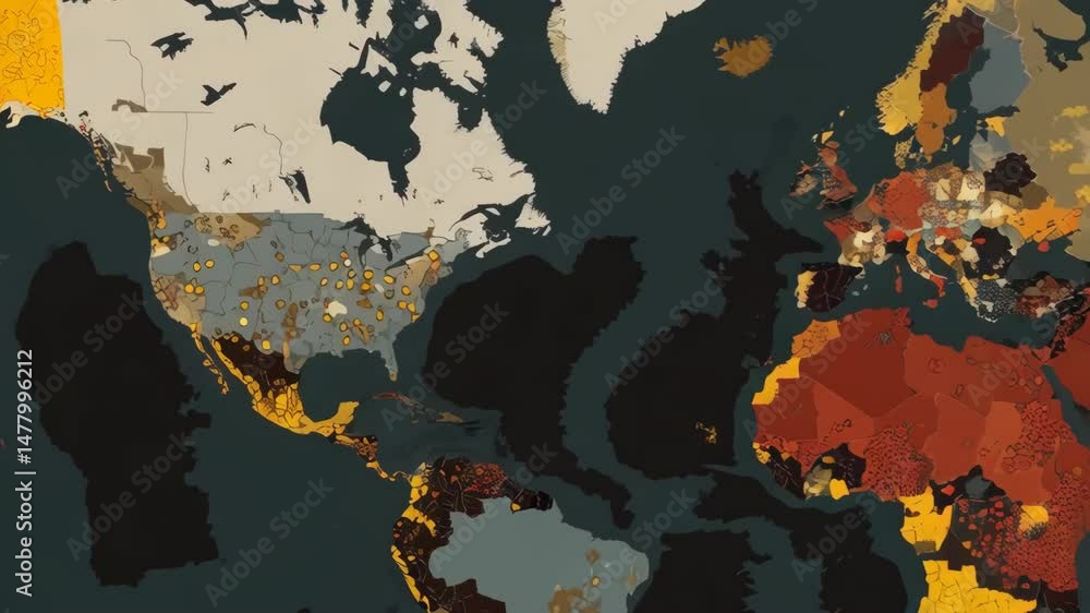 Stylized world map visual depicting continents with unique patterns and ...
