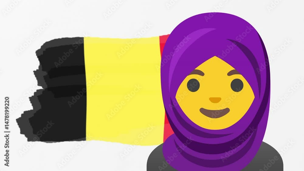 Animated muslim girl with hijab portrait, Belgian flag icon symbol ...