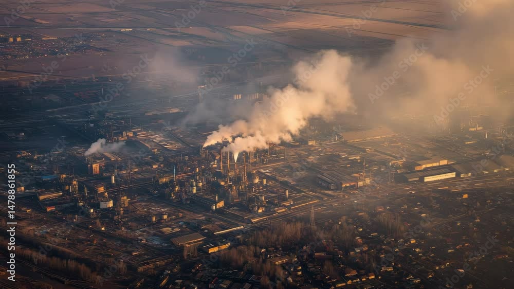 Aerial View of Industrial Complex with Smoke Emission and Landscape at ...