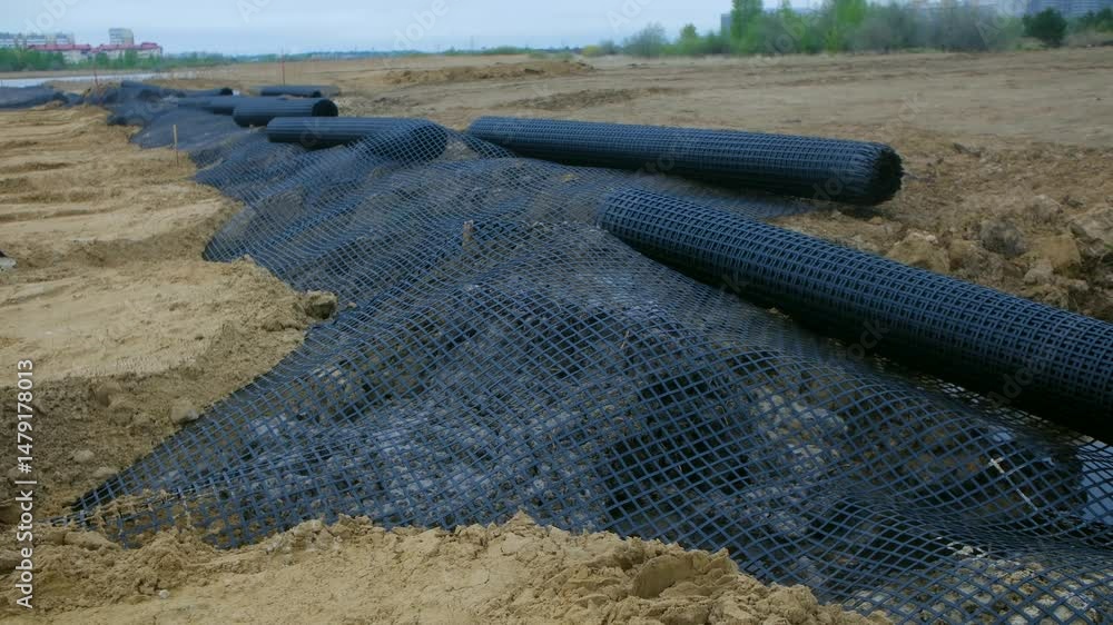 Installing drainage system consisting of perforated pipes and geogrid ...