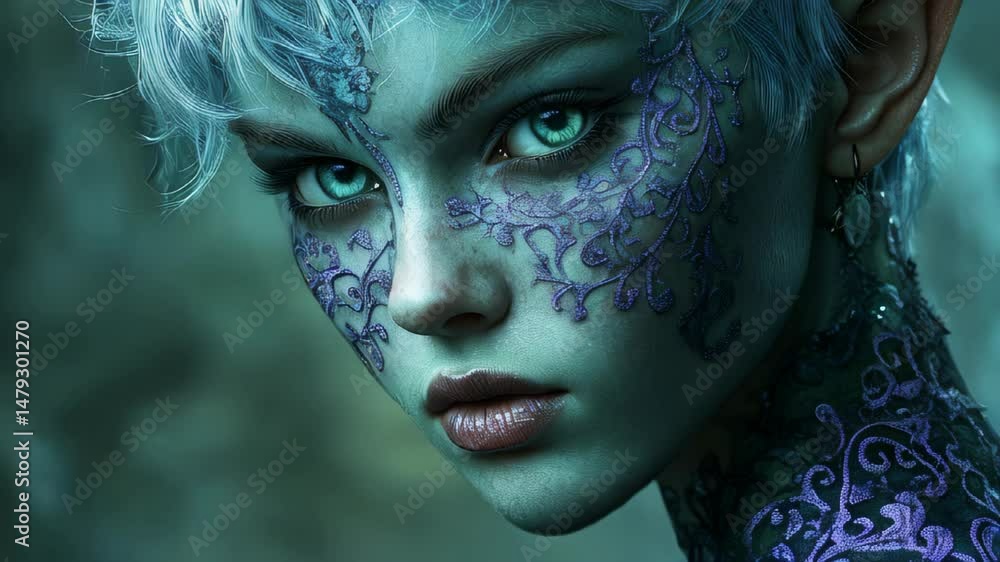 An elf woman with pale green skin and swirling misty blue patterns ...