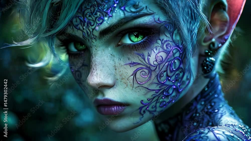 An elf woman with pale green skin and swirling misty blue patterns, sporting a dark purple pixie ...
