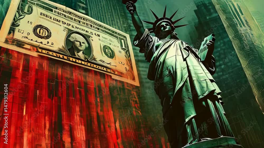 The Statue of Liberty, a dollar note, and a declining graph ...