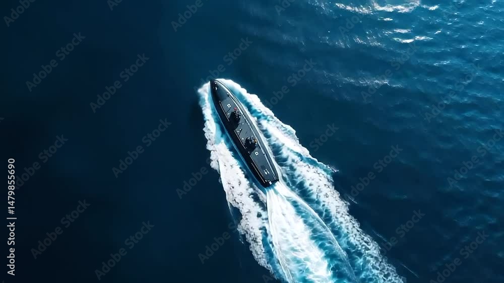 Aerial view of surfaced nuclear submarine slicing through deep blue ...