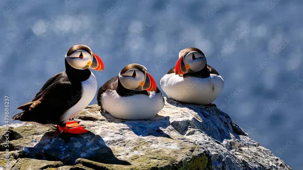 Atlantic Puffins or common Puffins together sitting on top of white ...