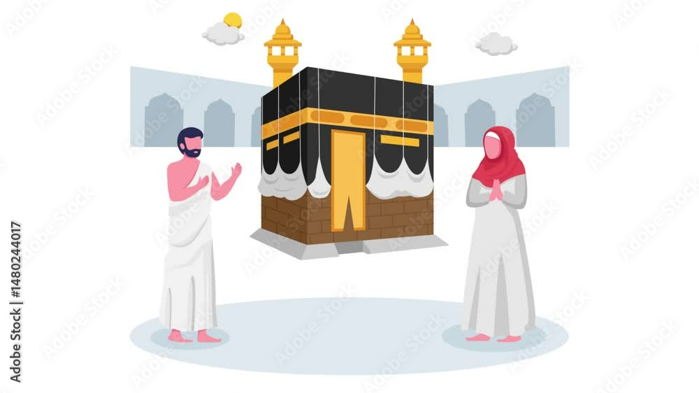 Muslim Family performing Tawaf at Haram animation, pilgrims raise hands ...