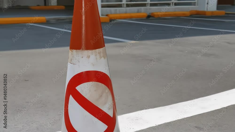Close-up view of a traffic cone with a red prohibition sign on a ...