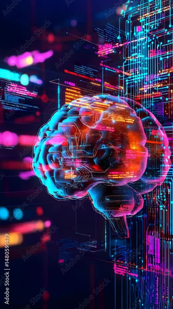 futuristic data cortex AI interface with code overlay showing floating ...