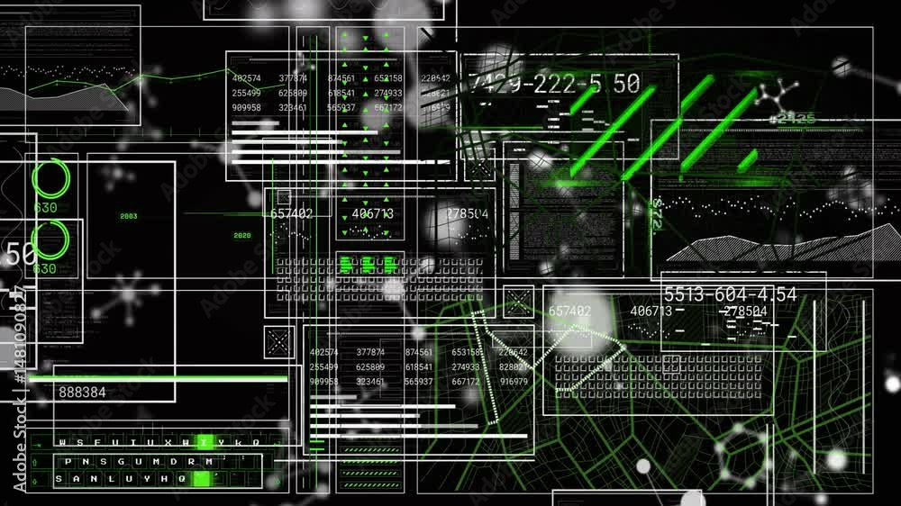 Animated data interface displaying scrolling charts numeric tables ...