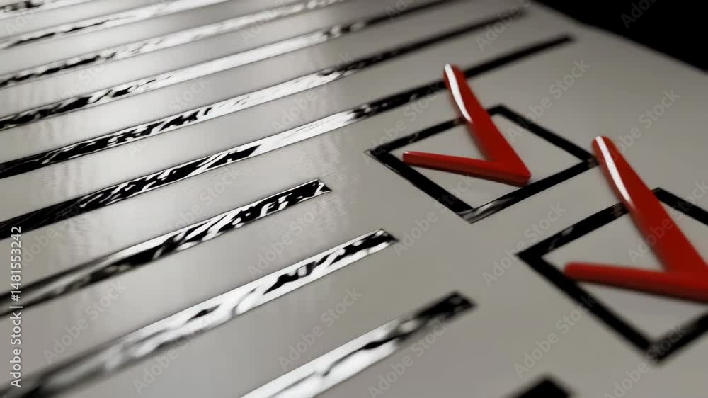 Close up view of glossy red check mark symbols indicating selections in ...
