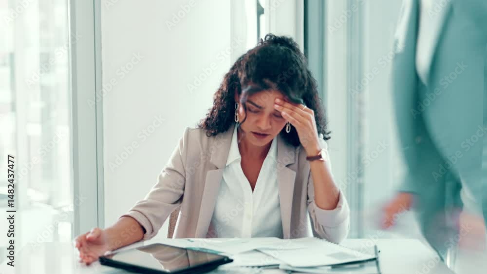 Business woman, headache and overwhelmed with staff, paperwork or ...