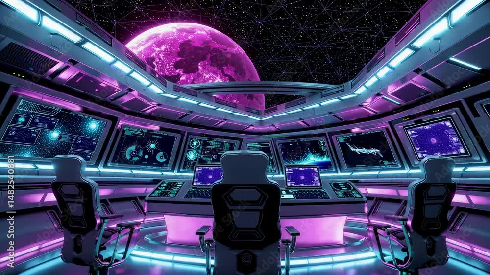 Futuristic spaceship control room with glowing violet and blue screens ...